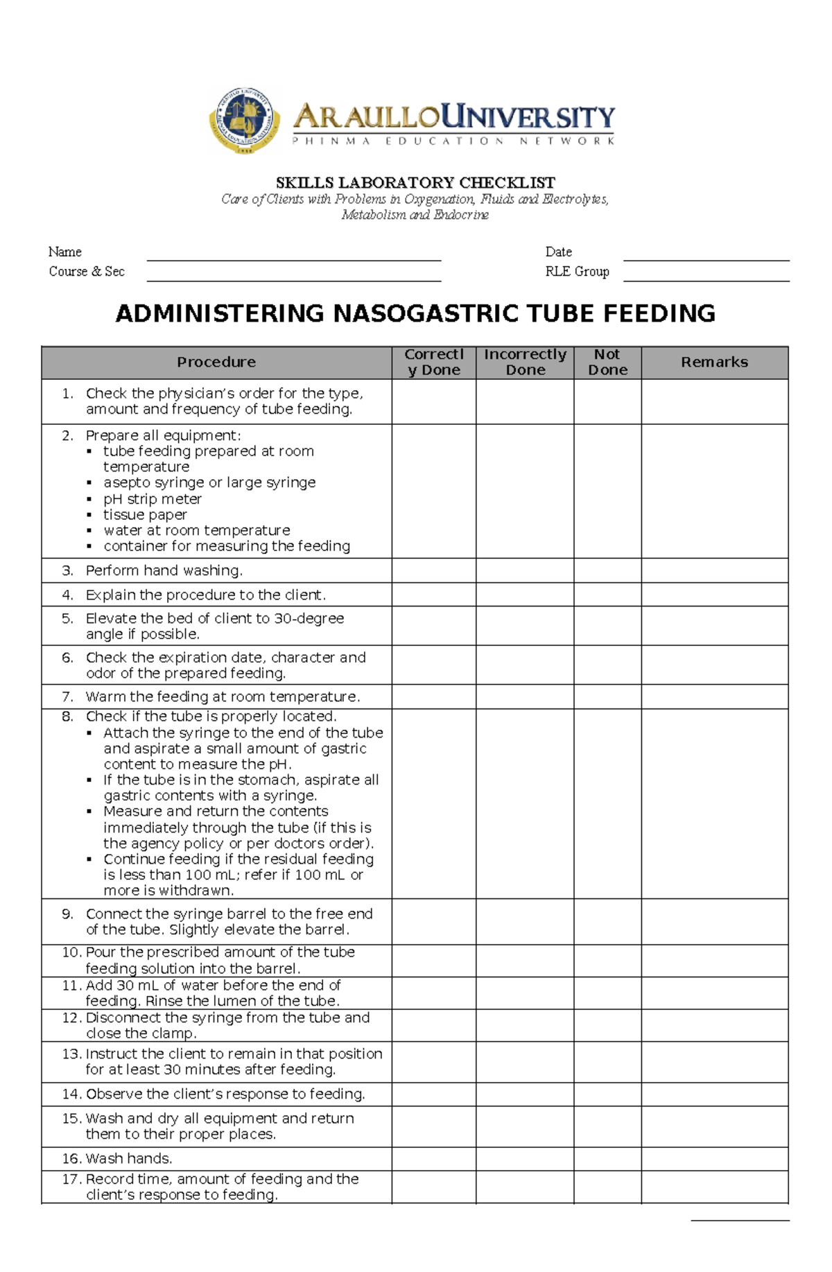 SKILLS LAB CHECKLIST: Administering NG Tube Feeding (RLE) - Studocu