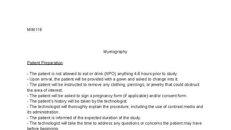 Myelography Patient Prep & Procedure Guidelines (Course Code: MYP-101 ...