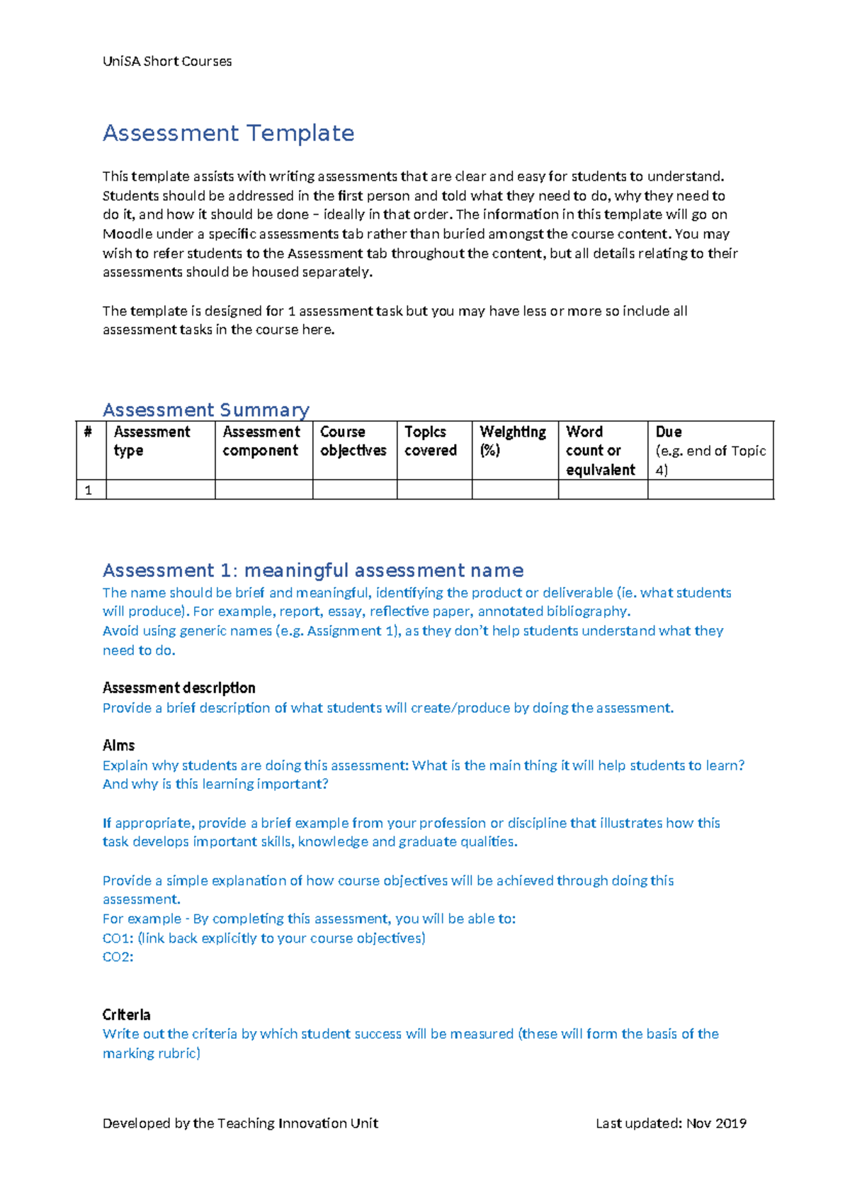 Assessment Template for UniSA Short Courses - Studocu