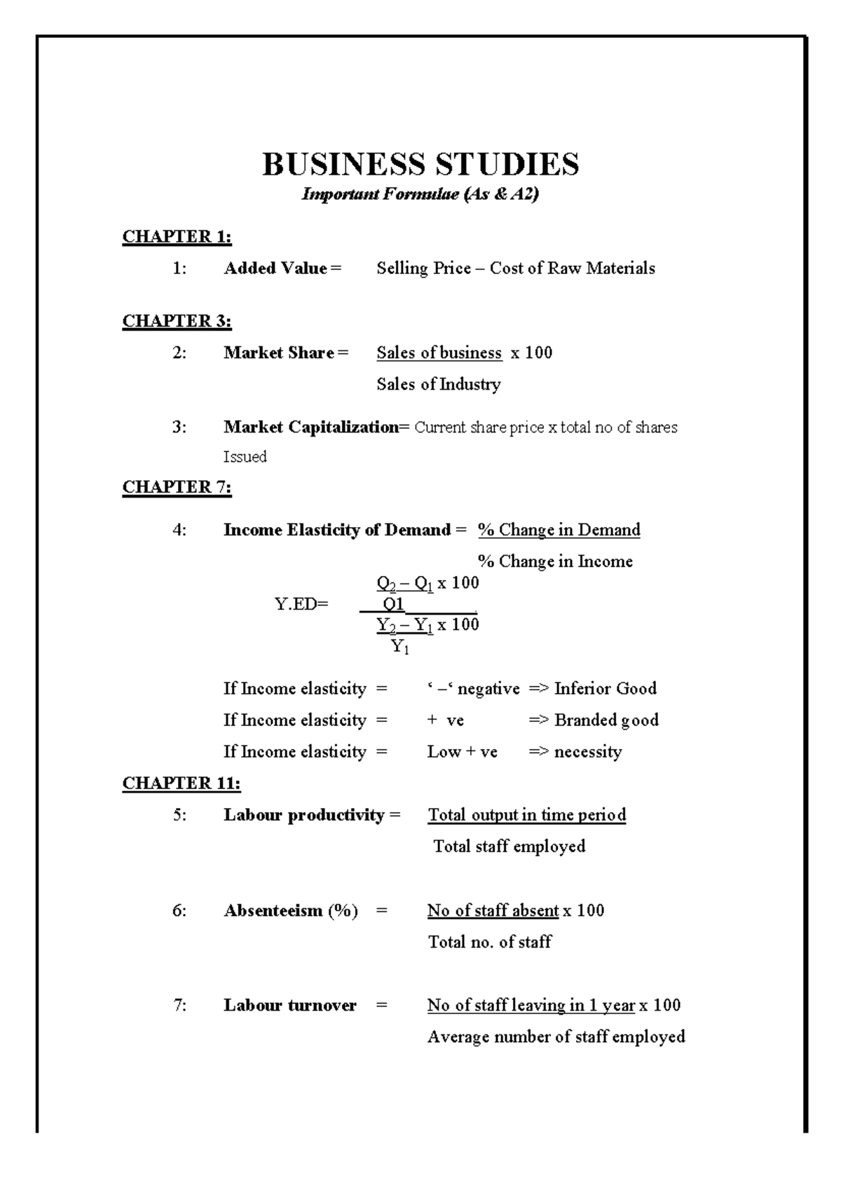 Formula Sheet BS: Key Business Studies Formulas (A2) - Studocu