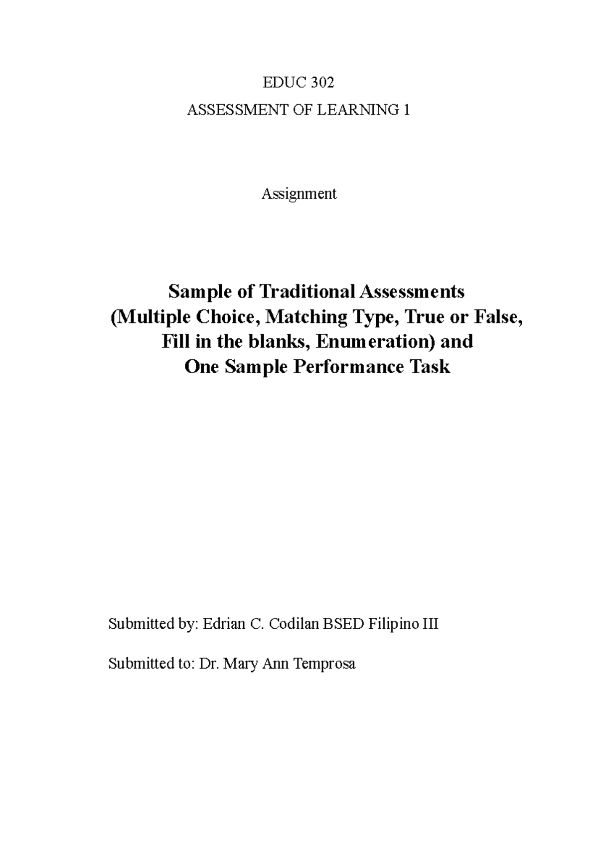 EDUC 302: Assessment of Learning 1 Assignment Overview and Tasks - Studocu