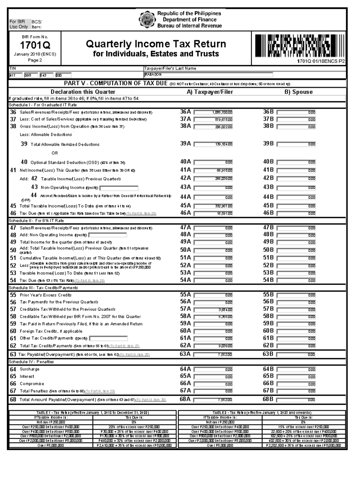 2 - Tax Returns - BIR Form No. 1701Q January 2018 (ENCS) Page 2 Quarterly Income Tax Return for ...