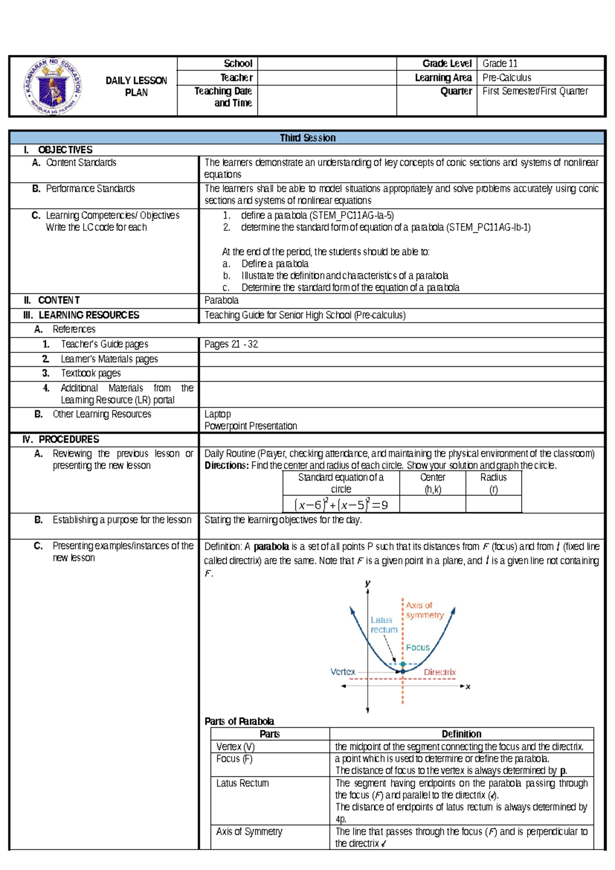 DAILY LESSON PLAN: PARABOLA (Grade 11, 1st Quarter) - Studocu