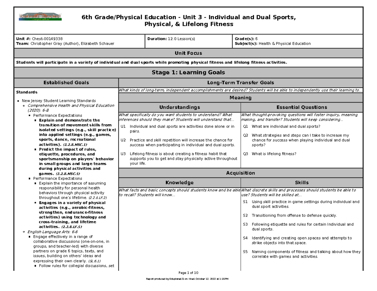 6th Grade PE - Unit 3: Individual & Dual Sports for Lifelong Fitness ...