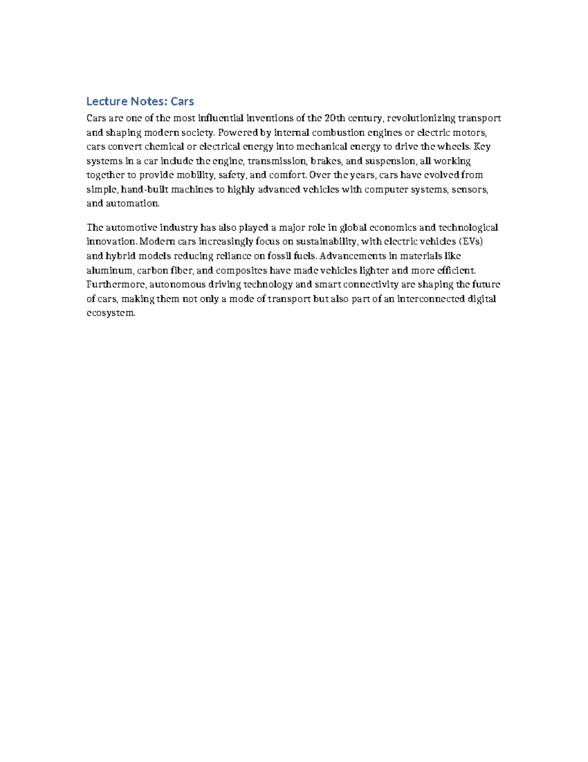Lecture Notes: The Evolution and Future of Cars - Studocu