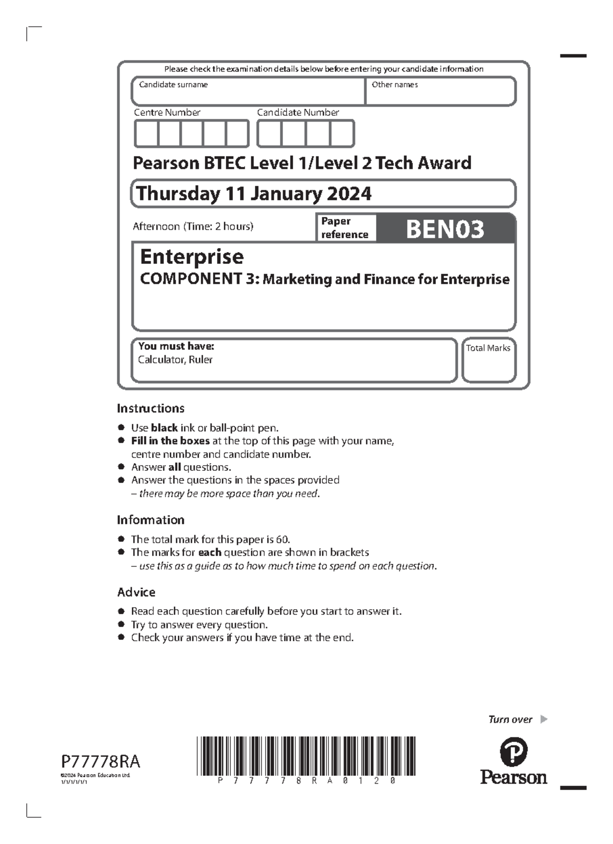 P77778RA0120: BTEC Enterprise Exam Paper 2024 - Component 3 Analysis ...