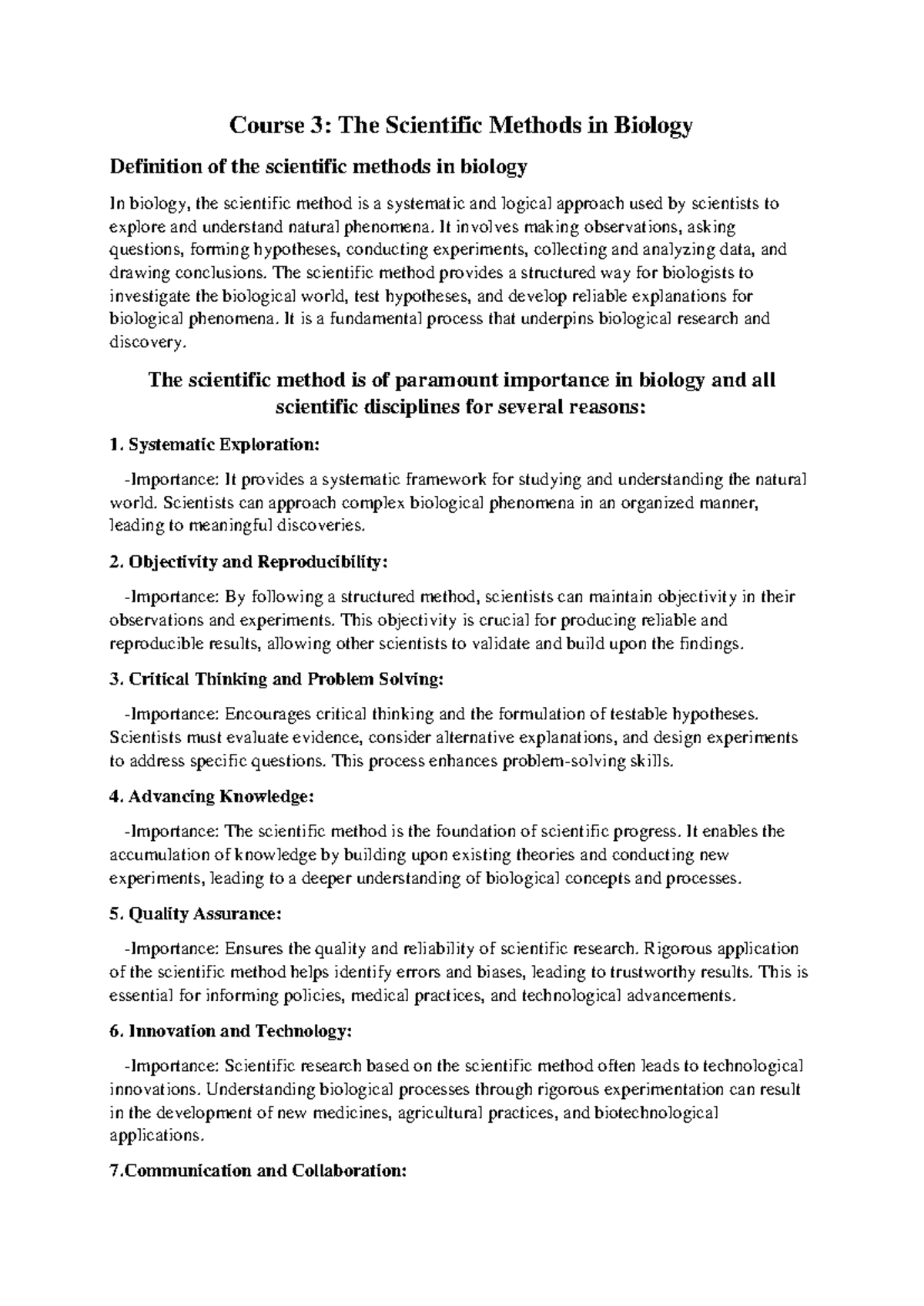 Course 3: Understanding the Scientific Method in Biology - Studocu