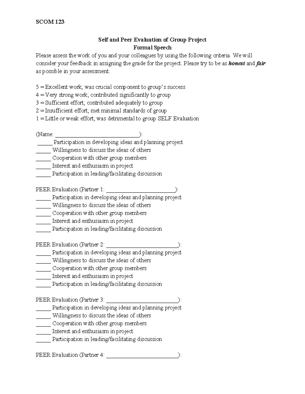 SCOM 123 - Persuasive Speech Self and Peer Evaluation of Group Project ...