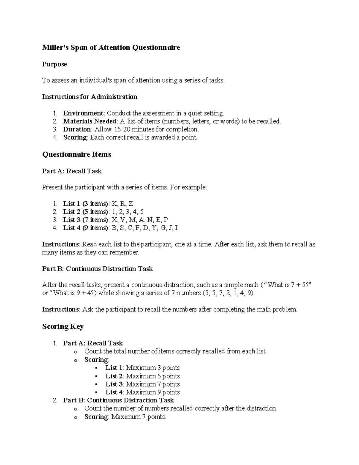 Miller's Span of Attention Questionnaire: Admin Manual & Scoring Key ...
