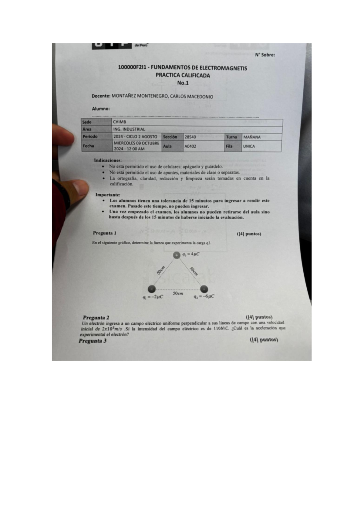 FUNDAMENTOS DE ELECTROMAGNETIS - PRACTICA CALIFICADA S9. PC1 FE 2024 II ...