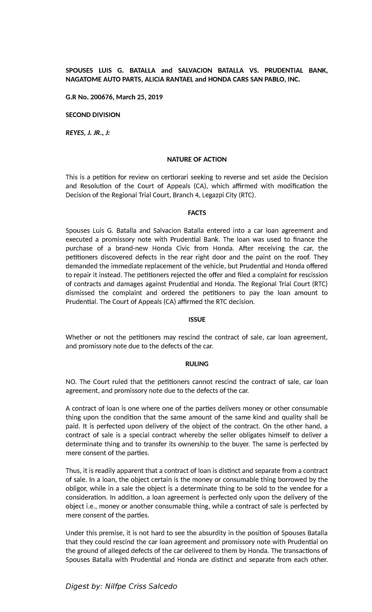 60. Obli Con Case Digest: Sps. Batalla vs. Prudential Bank - Studocu
