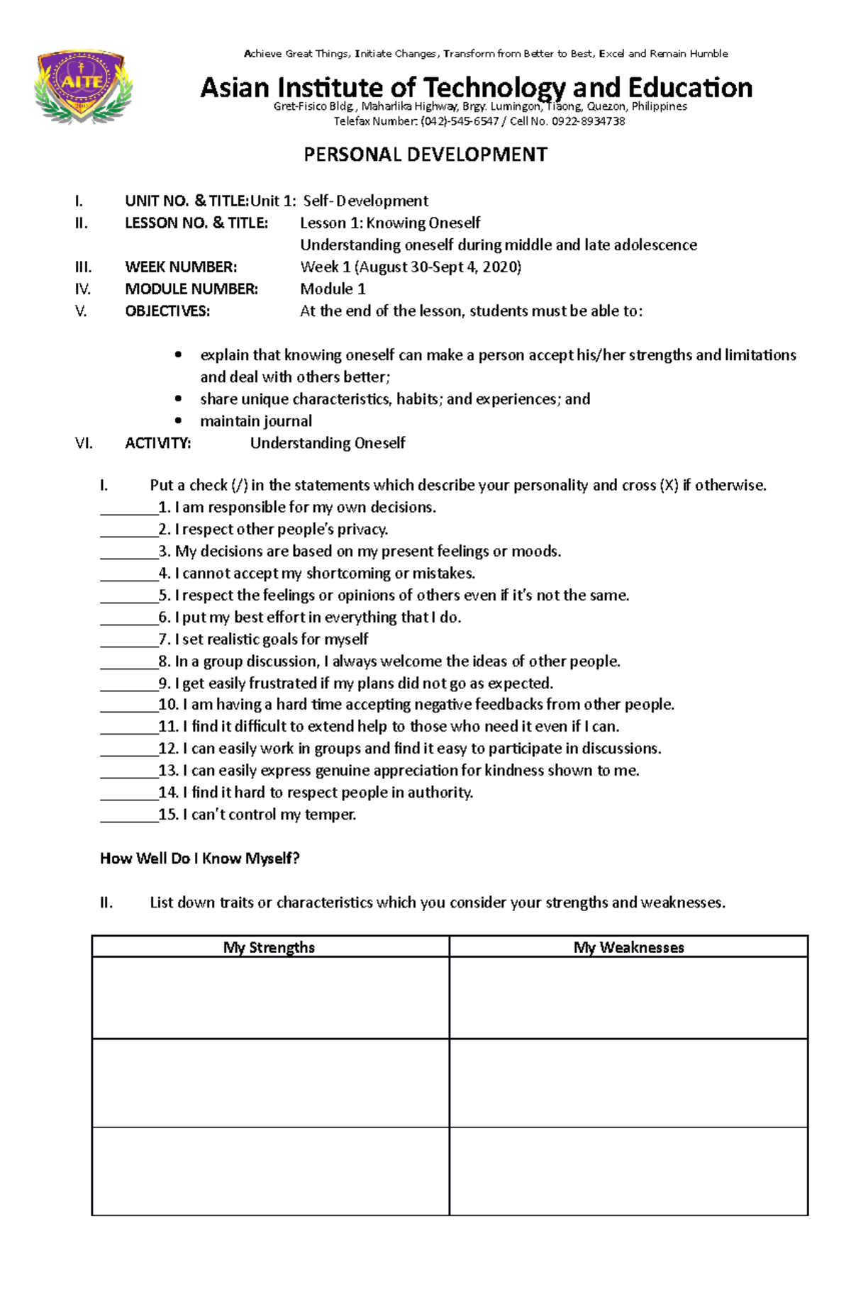 Unit 1: Week 1 - Personal Development and Self-Understanding - Studocu