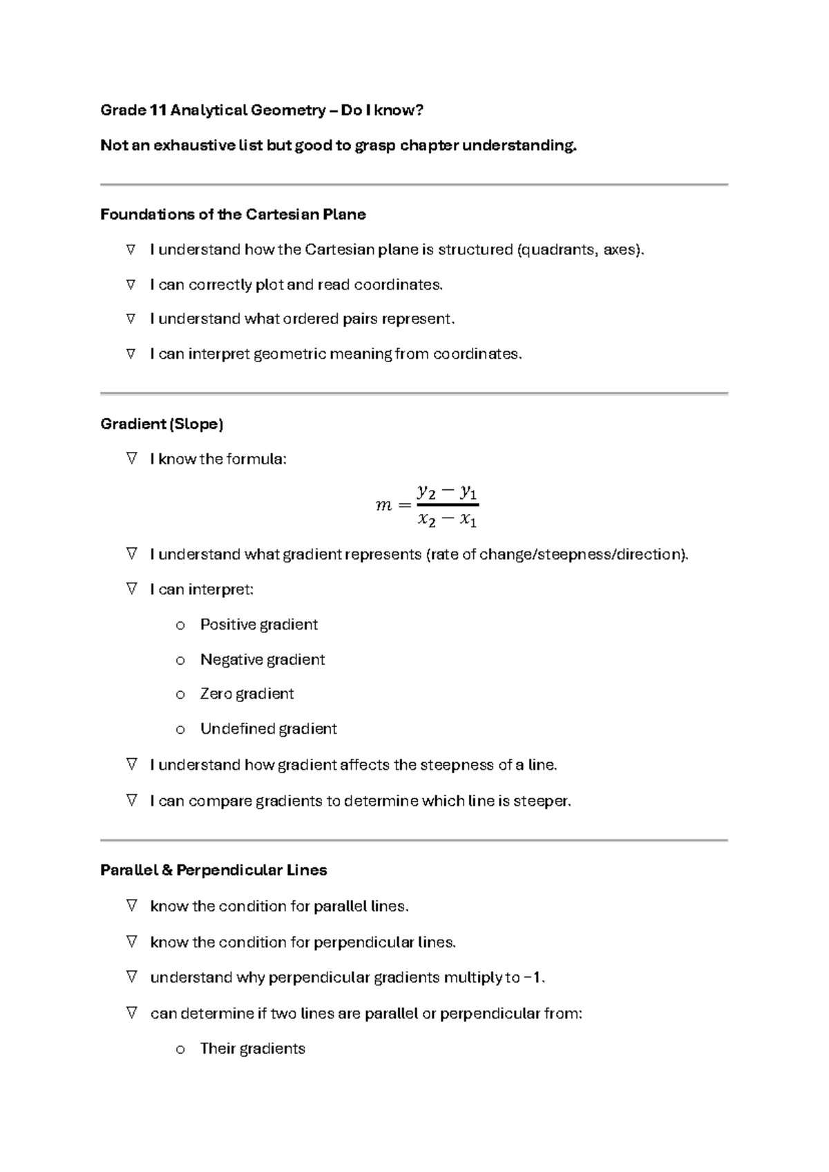 Grade 11 Analytical Geometry - Self-Assessment Guide - Studocu