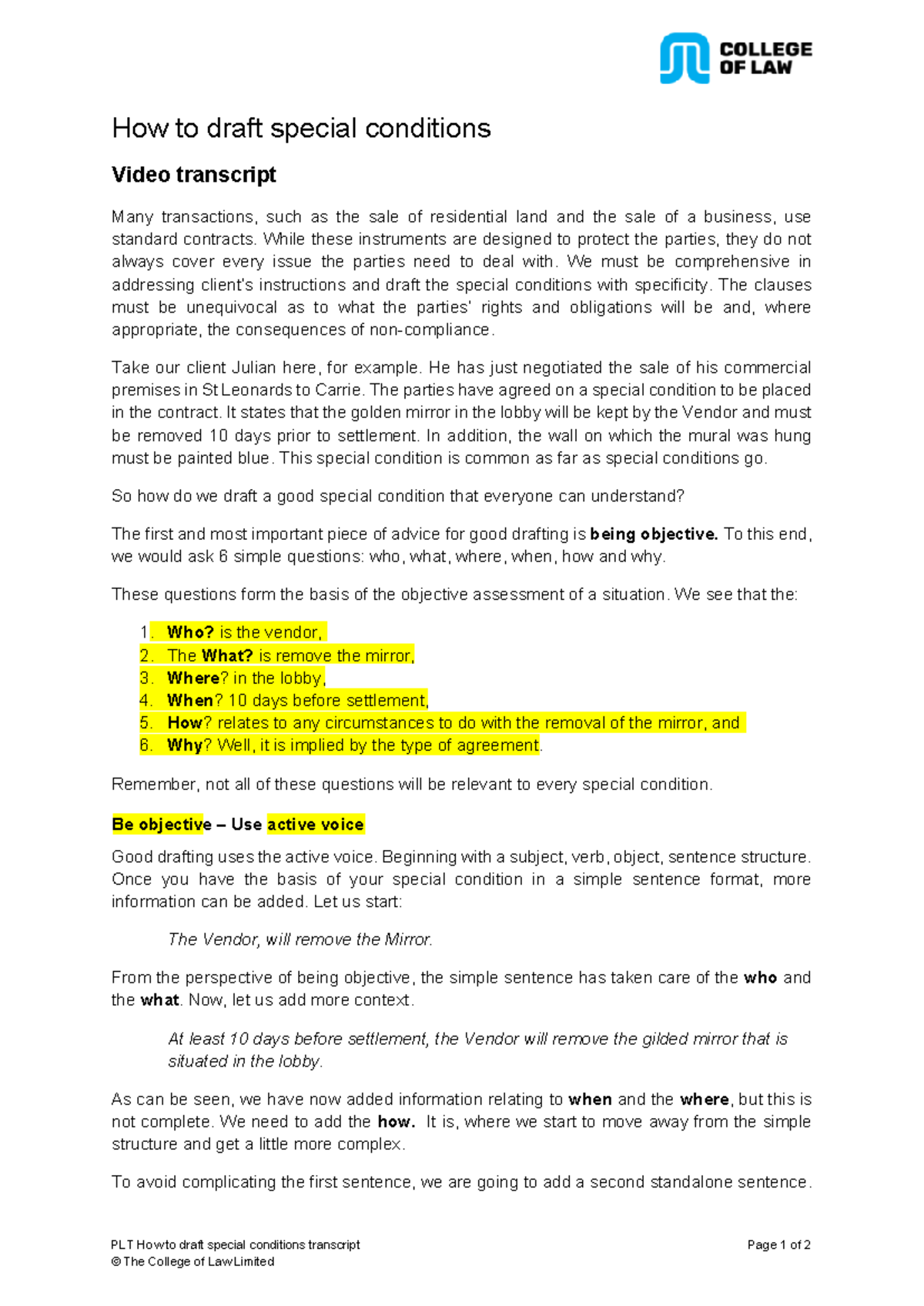 PLT How to Draft Special Conditions: Video Transcript Guide - Studocu