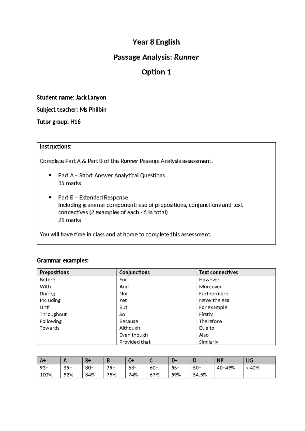 Year 8 English Passage Analysis: Runner Assessment (Option 1) - Studocu