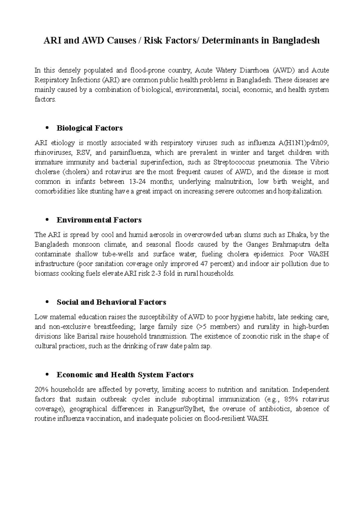 ARI and AWD Risk Determinants in Bangladesh: Causes and Factors - Studocu