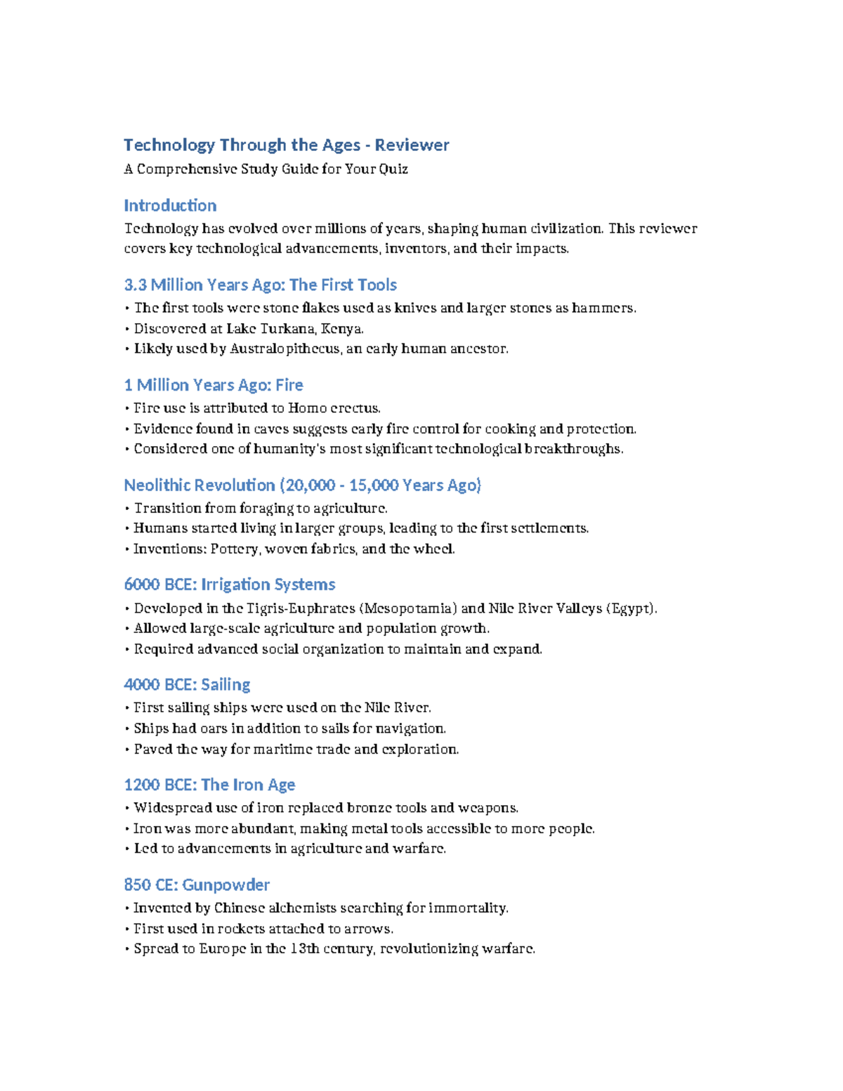Technology Through the Ages: Comprehensive Study Guide for Quiz - Studocu