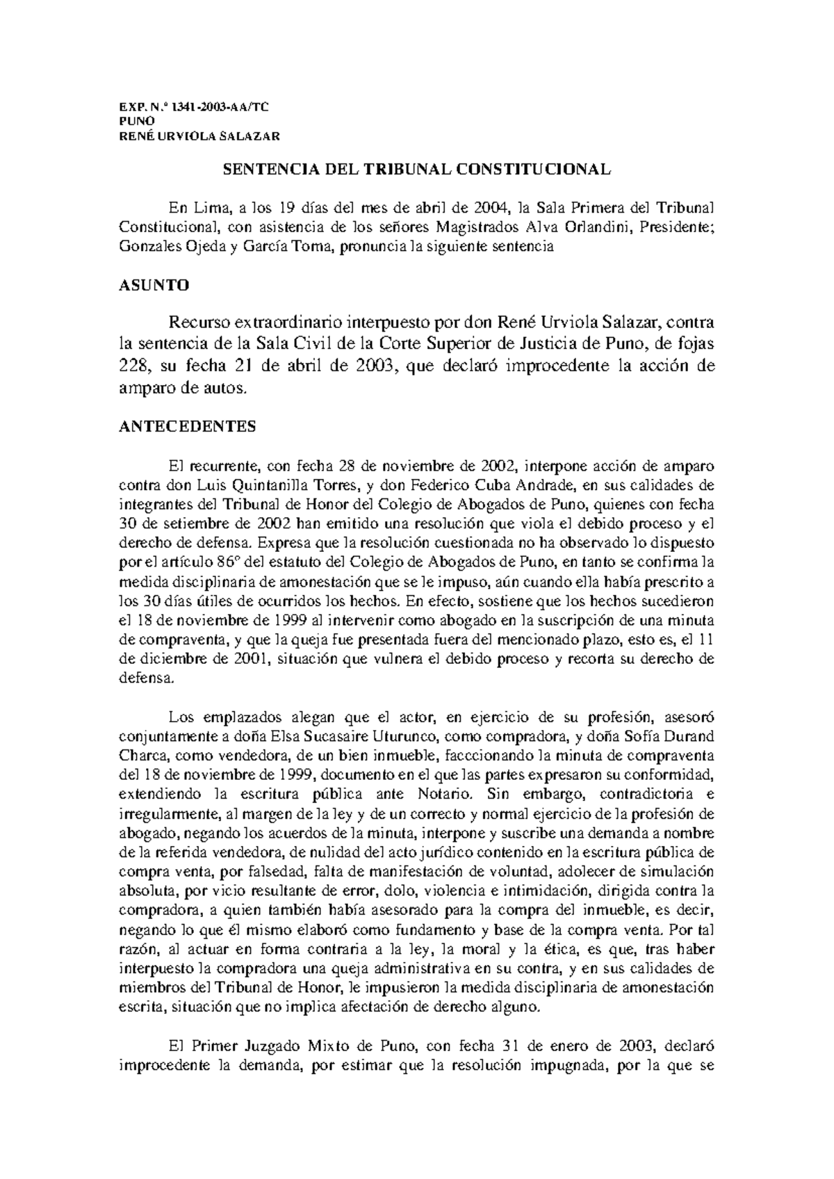 1341-2003-AA - SENTENCIA DEL TRIBUNAL CONSTITUCIONAL - EXP. N.° 1341 ...