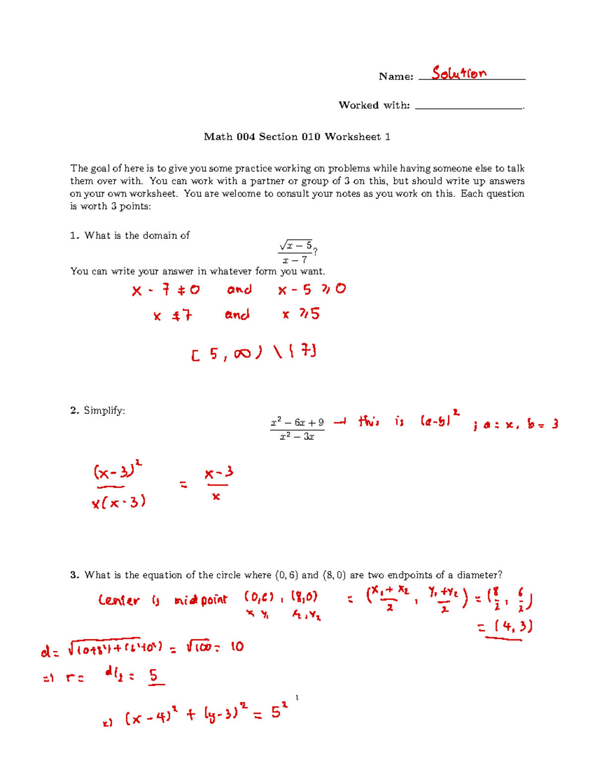 Worksheet 1 - solution - sssss - Name: Worked with:. Math 004 Section ...