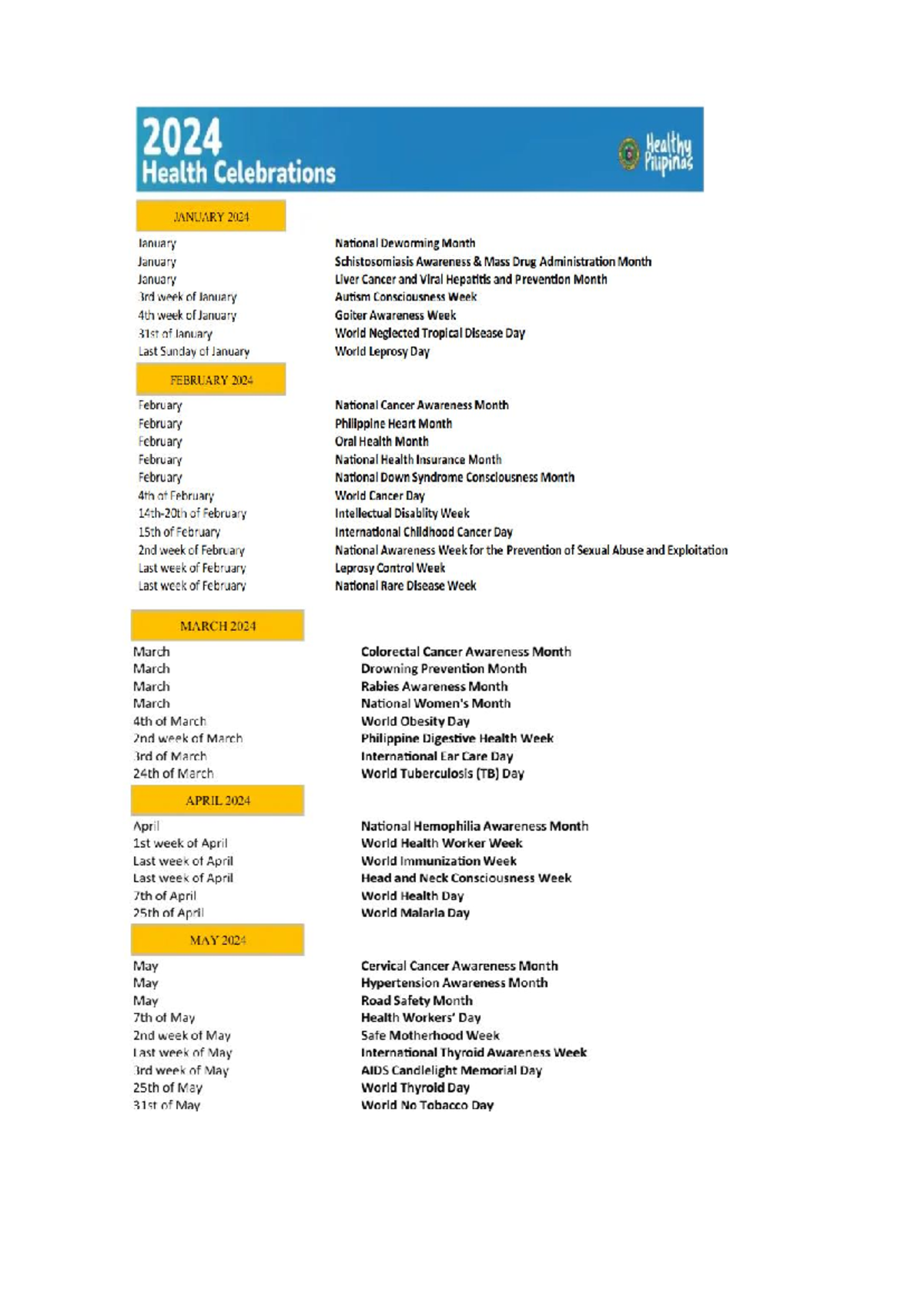 2024 DOH Health Activities Calendar: Monthly Awareness Events - Studocu