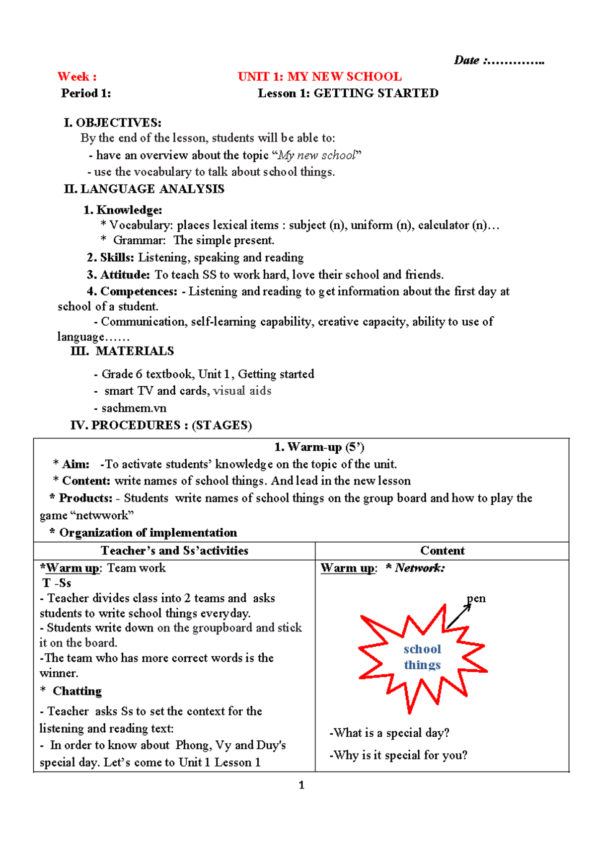 TIẾNG ANH 6: UNIT 1 - GETTING STARTED Lesson 1 Overview - Studocu