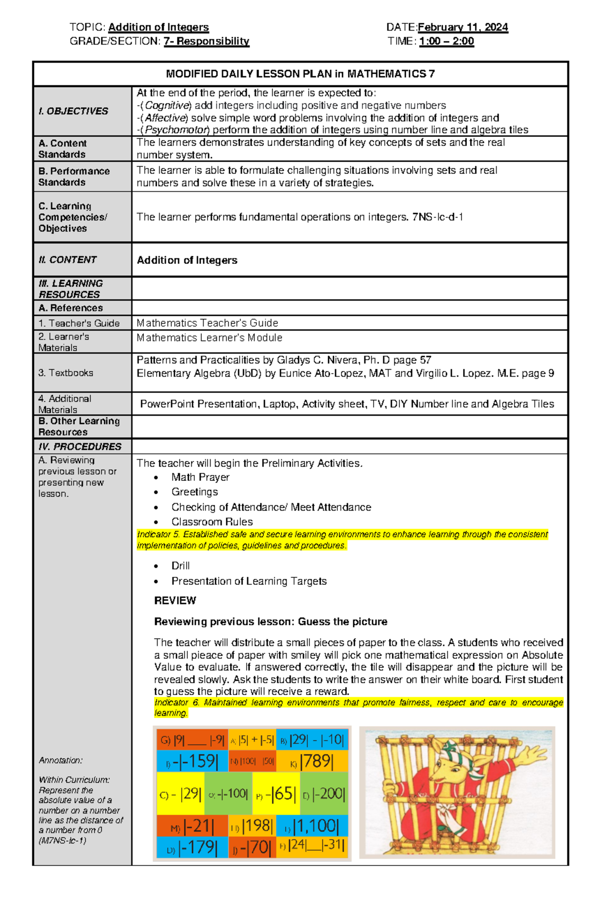 MATHEMATICS 7 Lesson Plan: Addition of Integers - Feb 2024 - Studocu