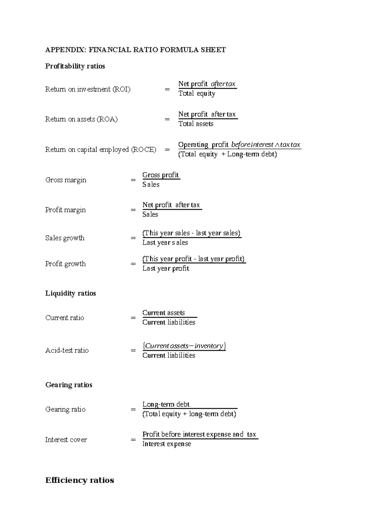 ACC202 Financial Ratios Formula Sheet - APPENDIX: FINANCIAL RATIO ...