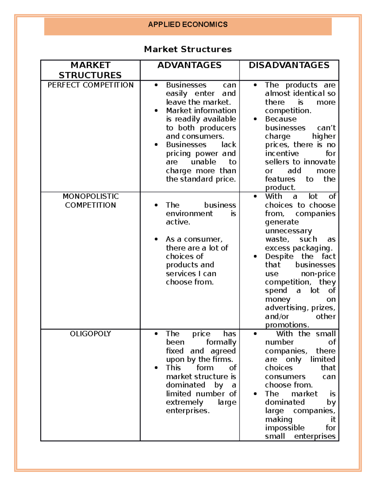 Market Structures: Advantages & Disadvantages in Applied Economics - Studocu