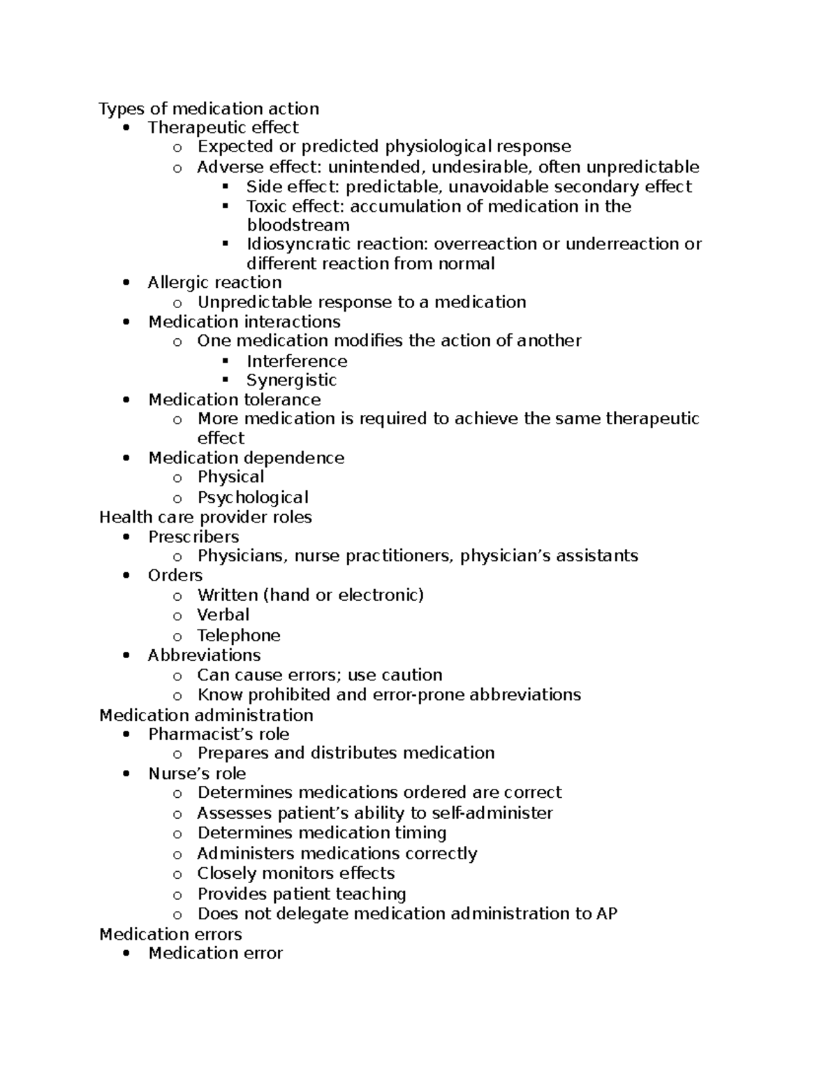 Intro to pharmacology - lecture notes - Types of medication action ...