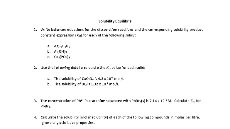 Solubility Equilibria Worksheet: Ksp Calculations and Reactions - Studocu