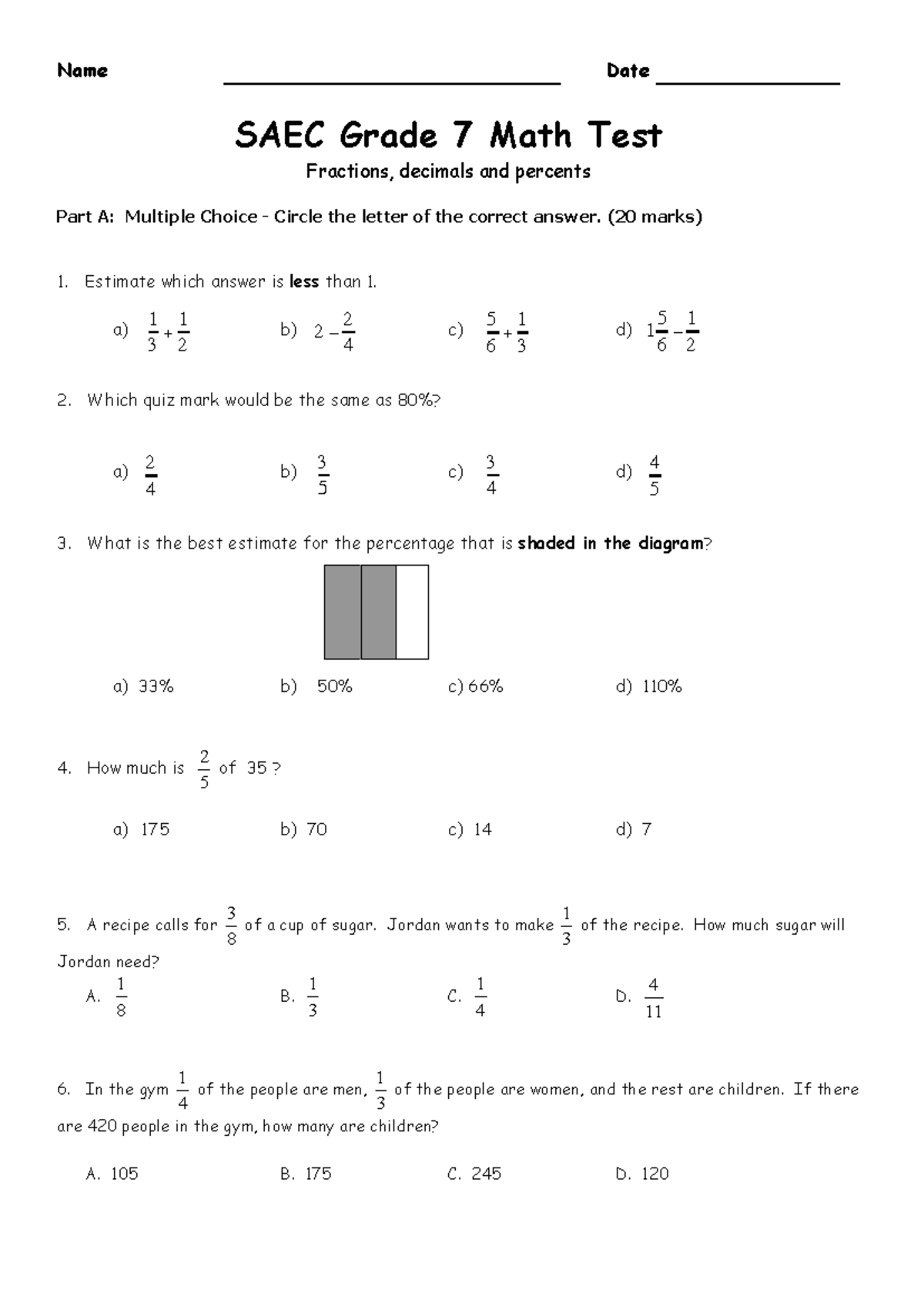 Grade 7 Math Test (SAEC): Fractions, Decimals & Percents Worksheet ...