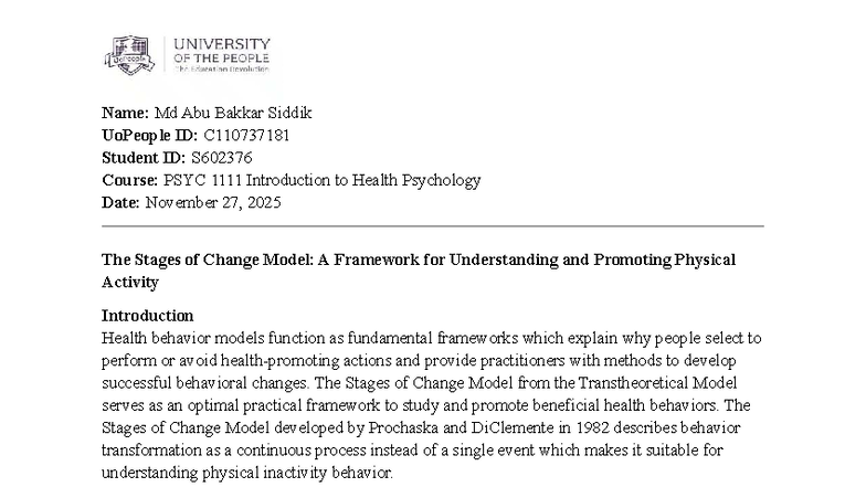 PSYC 1111 Unit 2 Assignment: Stages of Change Model in Health ...