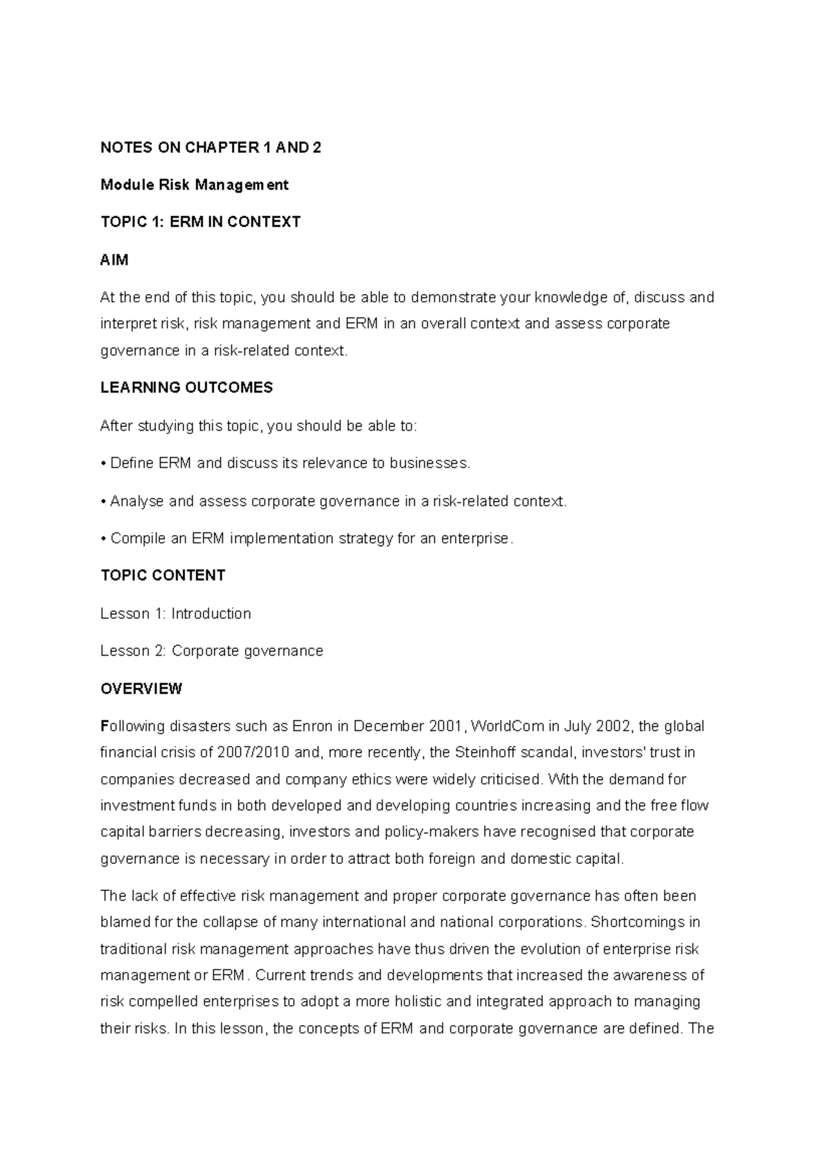 Risk Management Module: Notes on Chapters 1 & 2 - ERM & Corporate ...