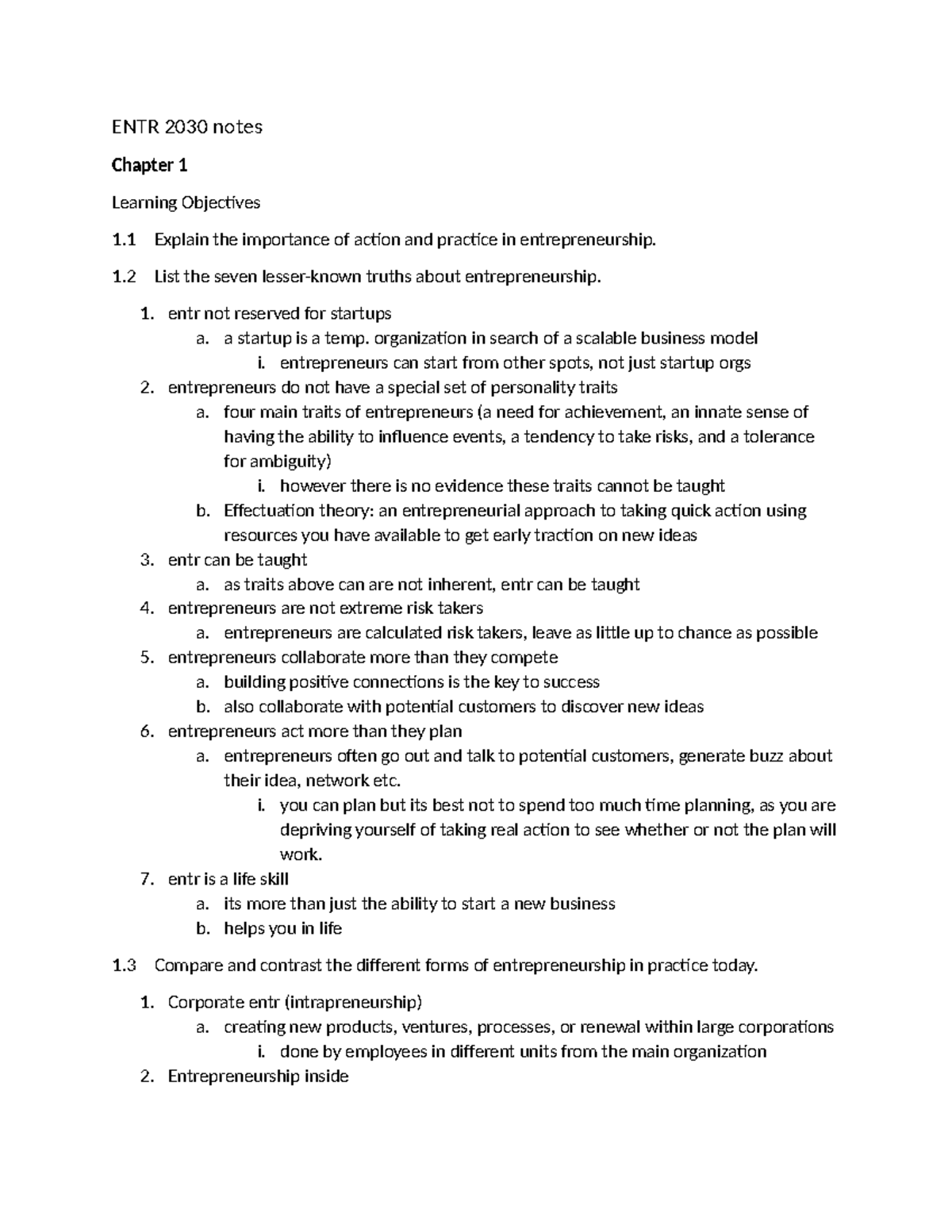 ENTR 2030 notes (Ch. 1-3) - ENTR 2030 notes Chapter 1 Learning ...