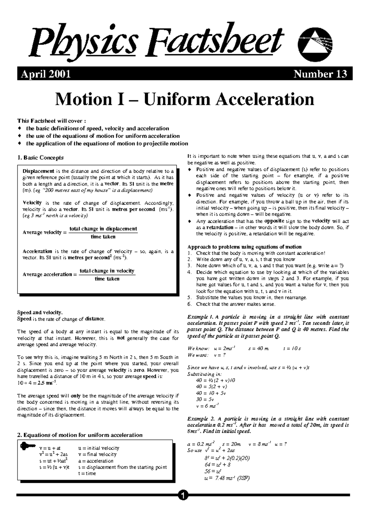Combined Notes - Unit 1: Motion I & Uniform Acceleration (Edexcel A ...