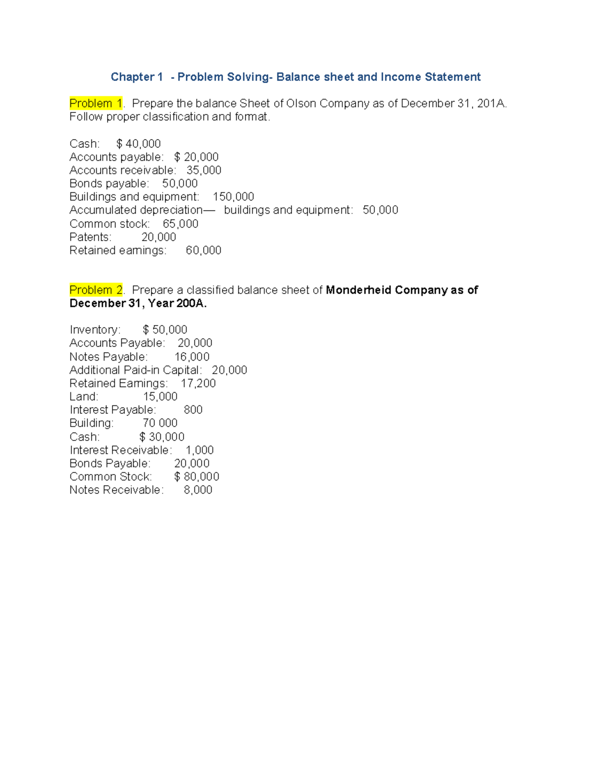 Chapter 1- balance sheet problem solving - Chapter 1 - Problem Solving ...