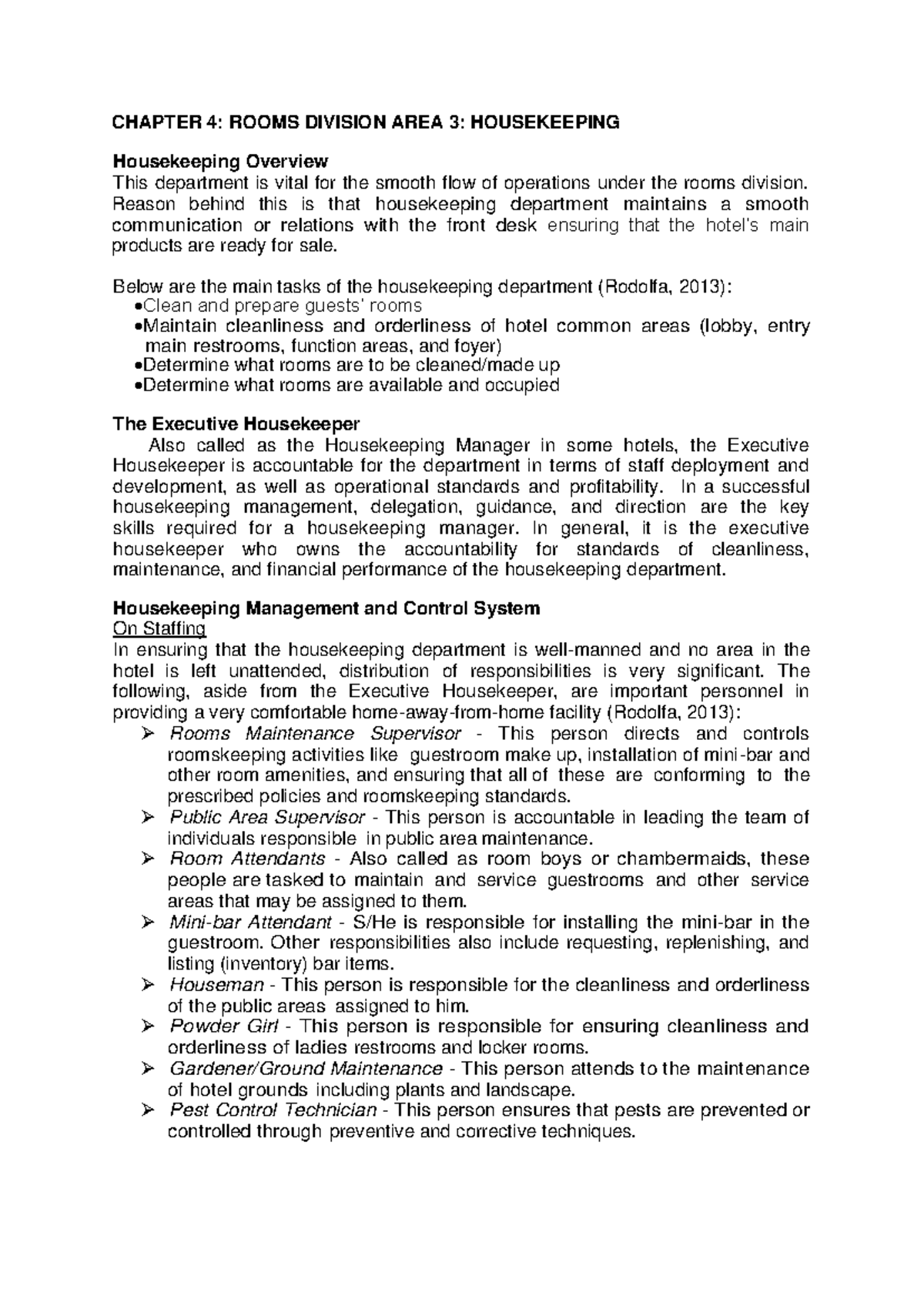 Housekeeping Management Overview (Chapter 5) - Rooms Division ...