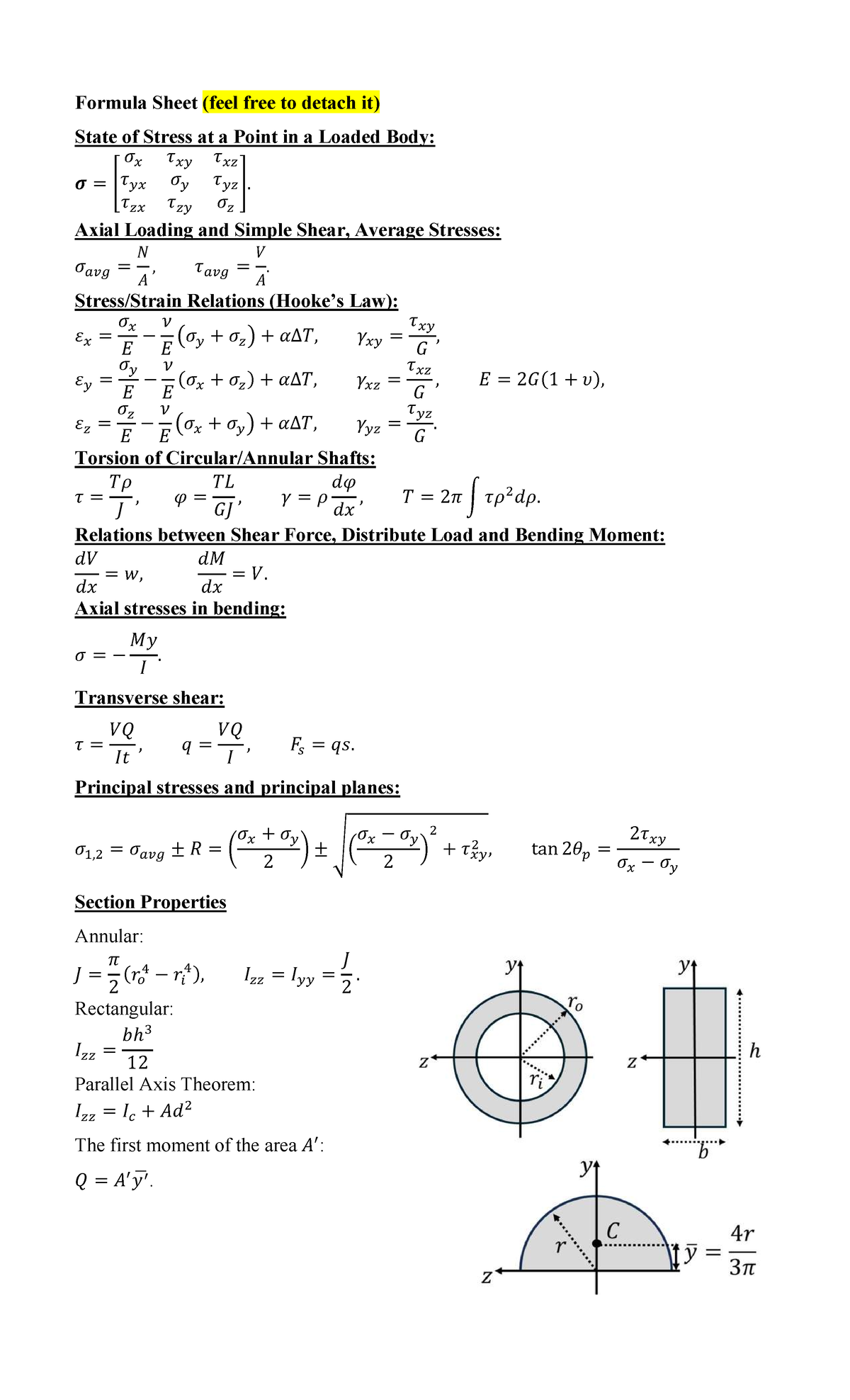 ENME317 Final Exam Formula Sheet: State of Stress & Shear - Studocu
