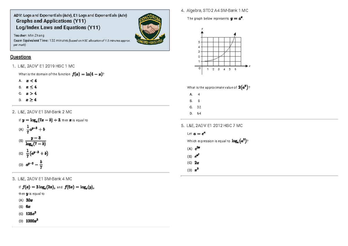 E1 Logs and Exp - Maths - 1. L&E, 2ADV’ E1 2019 HSC 1 MC 2. L&E, 2ADV E1 SM-Bank 2 MC - Studocu