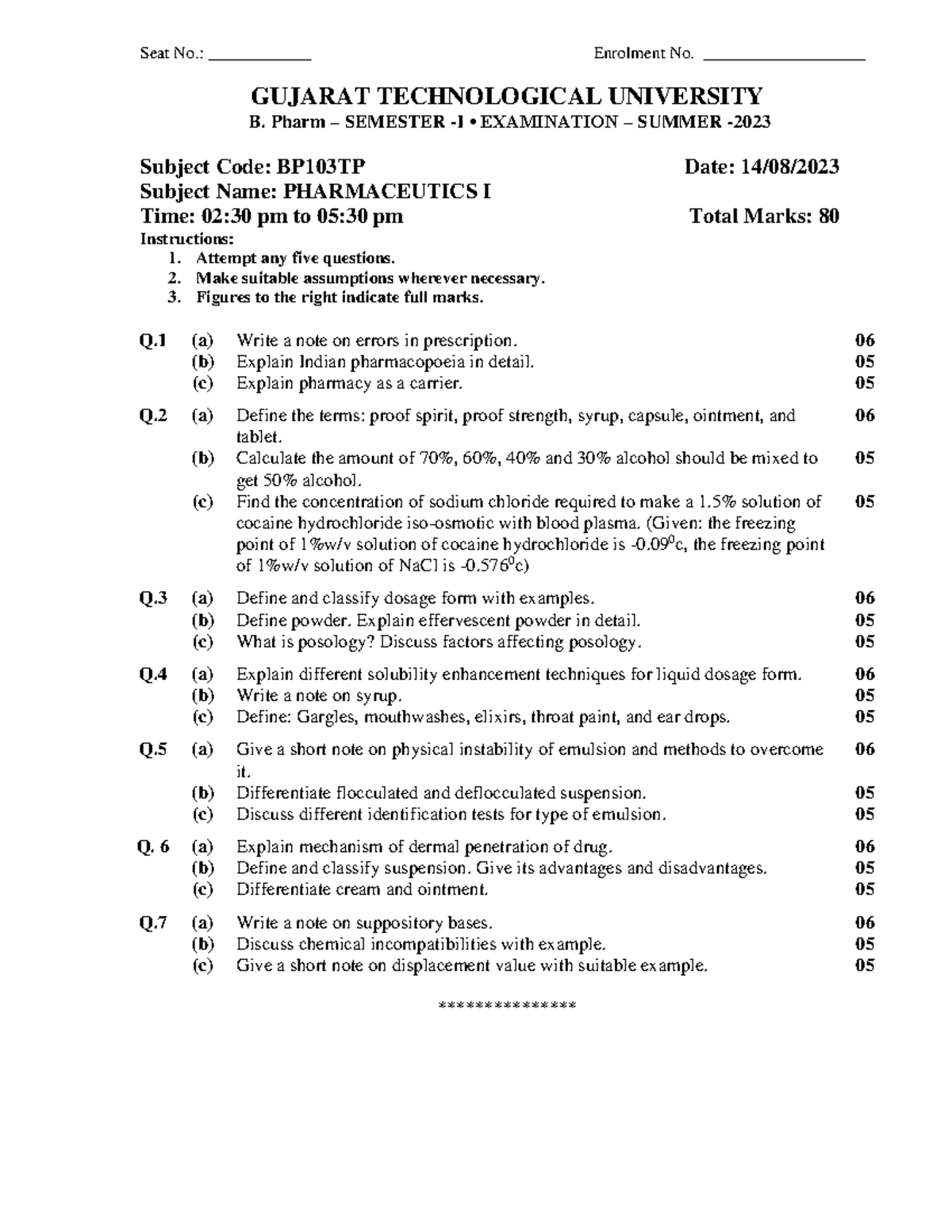 BP103TP - Pharmaceutics I Summer Exam 2023 Question Paper - Studocu