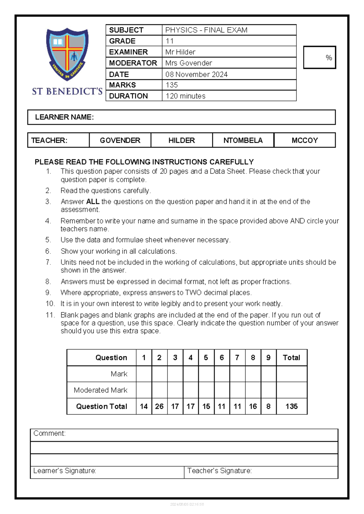 PS11 - Physics Final Exam Question Paper - Grade 11 - 2024 - Studocu