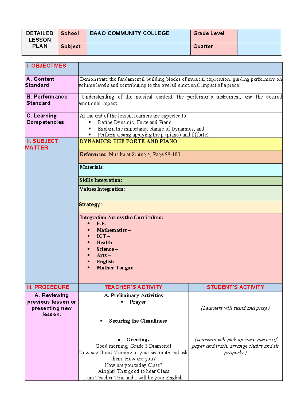 Detailed Lesson Plan (DLP) on Dynamics: Piano and Forte for Grade 3 ...