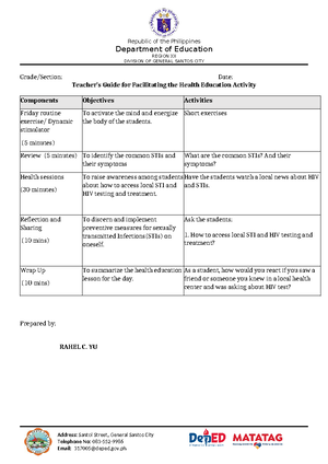 LP1 PEH 7 Q4 - Lesson Plan: First Aid for Grade 7 Students - Studocu