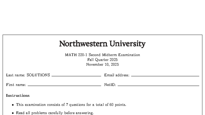 Math 220-1 Second Midterm Exam Fall 2025 - Solutions - Studocu
