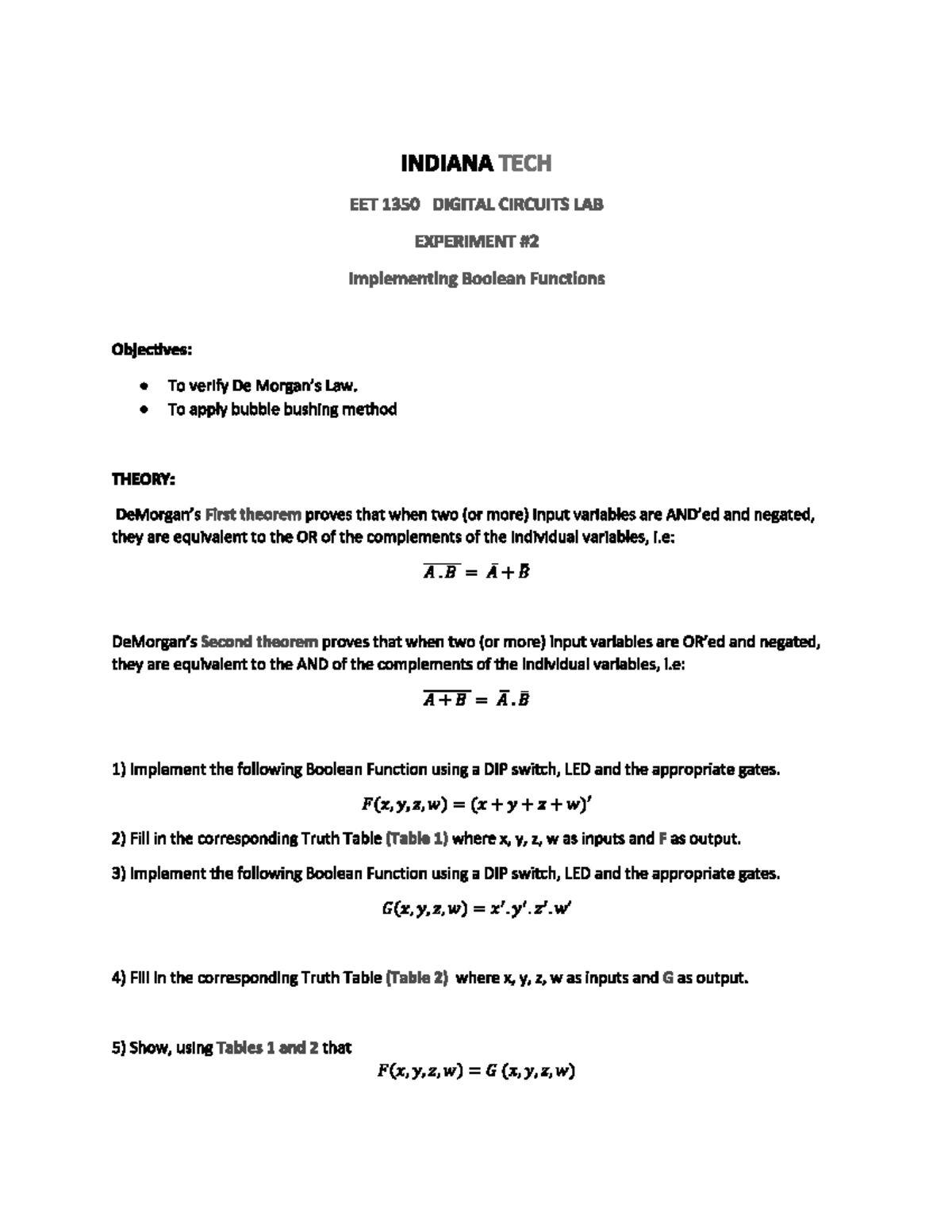 EET 1350 Lab 2: Boolean Functions Implementation and Truth Tables - Studocu