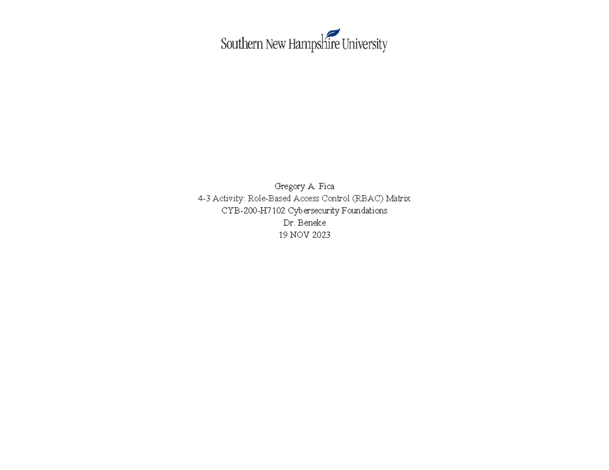 CYB 200 Module Four Activity: Role-Based Access Control Matrix - Studocu