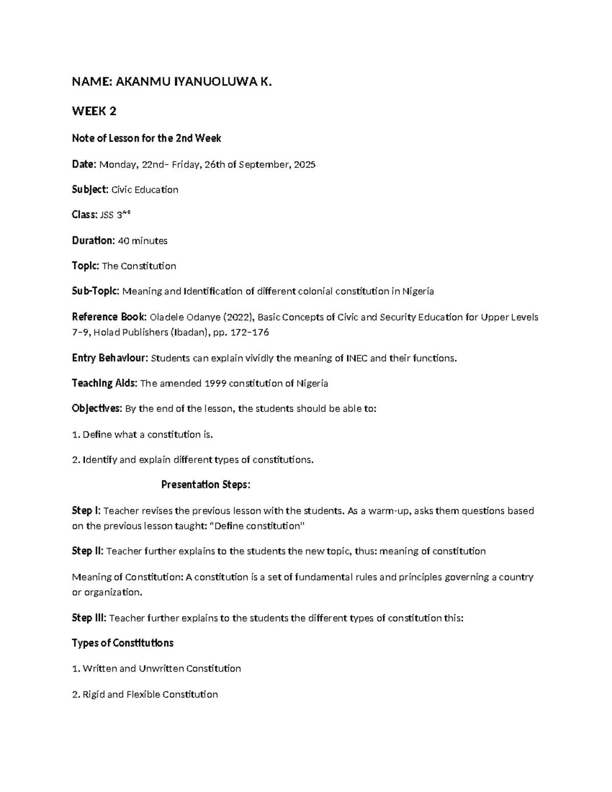 Civic Education JSS: Week 2 Lesson Notes on The Constitution - Studocu