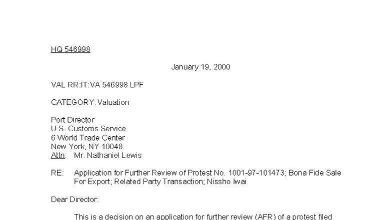 HQ 546998 - U.S. Customs Ruling on Watch Valuation and Sales - Studocu