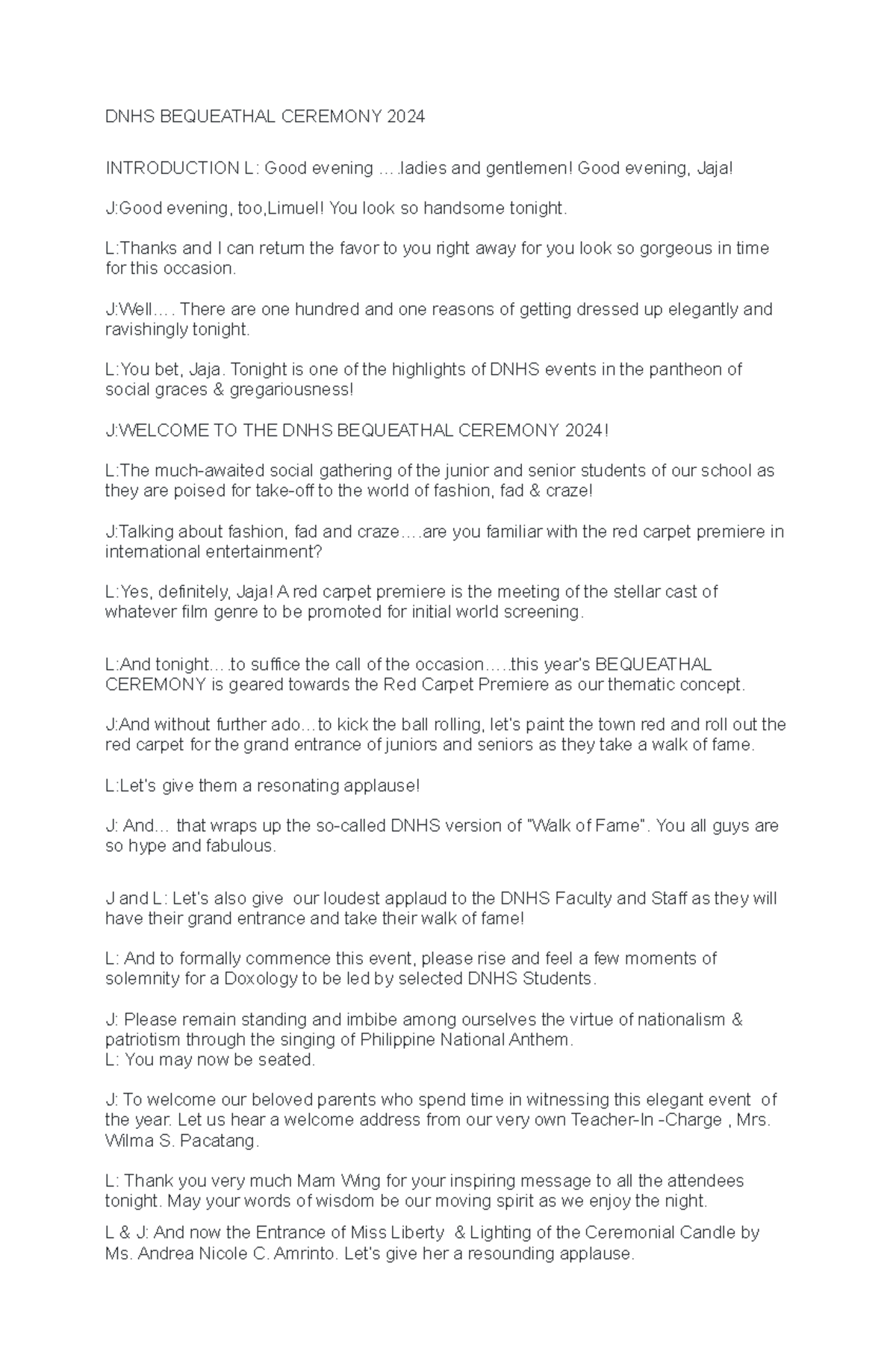 DNHS Bequeathal Ceremony Script 2024: A Walk of Fame Celebration - Studocu
