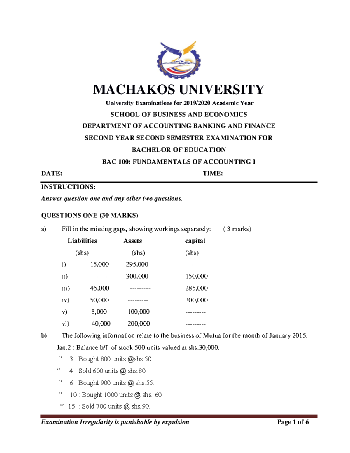 BAC 100: Practice Questions for Fundamentals of Accounting Exam - Studocu